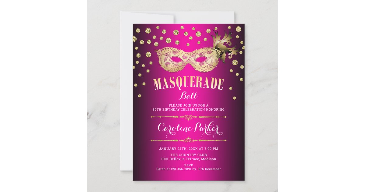 Gold Pink Masquerade Ball Birthday Party Invitation | Zazzle