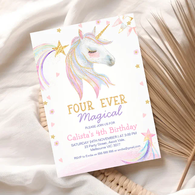 Gold Pink Unicorn Four Ever Magical 4th Birthday Invitation | Zazzle