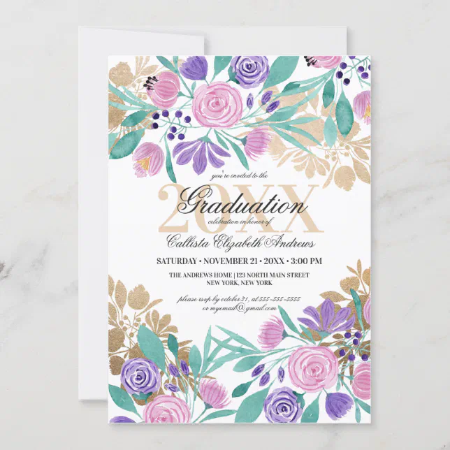 Gold Pink Violet Floral Watercolor Graduation Invitation | Zazzle
