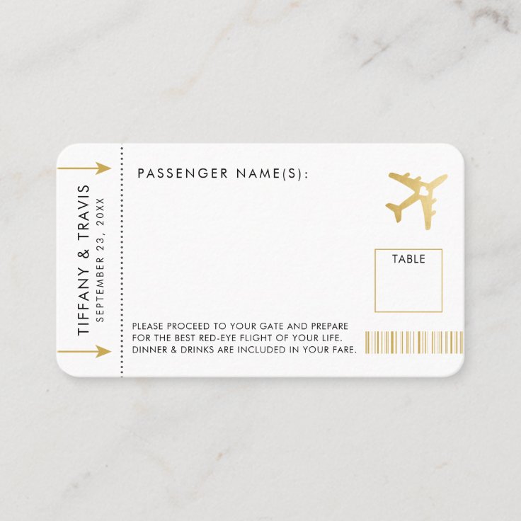 Gold Plane Ticket Boarding Pass Place Escort Card | Zazzle
