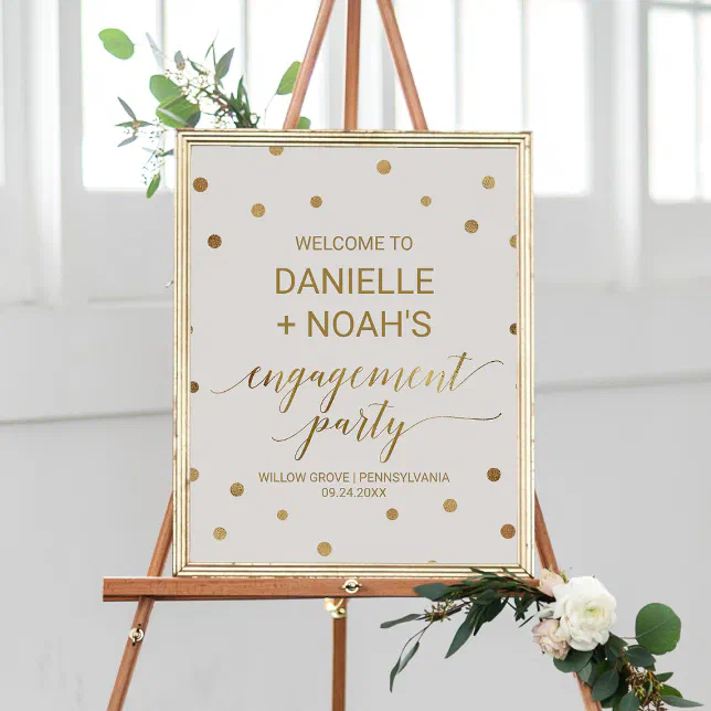 Gold Polka Dots Engagement Party Welcome Poster | Zazzle