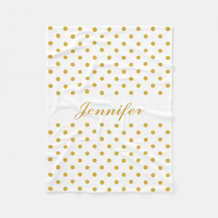 Gold Polka Dots on White Personalized Name Fleece Blanket | Zazzle