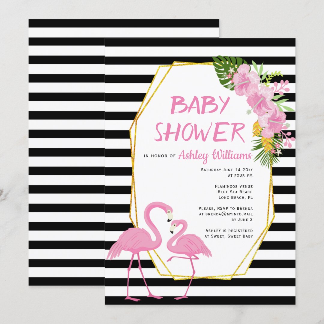 Gold polygon and pink flamingos baby shower invitation | Zazzle