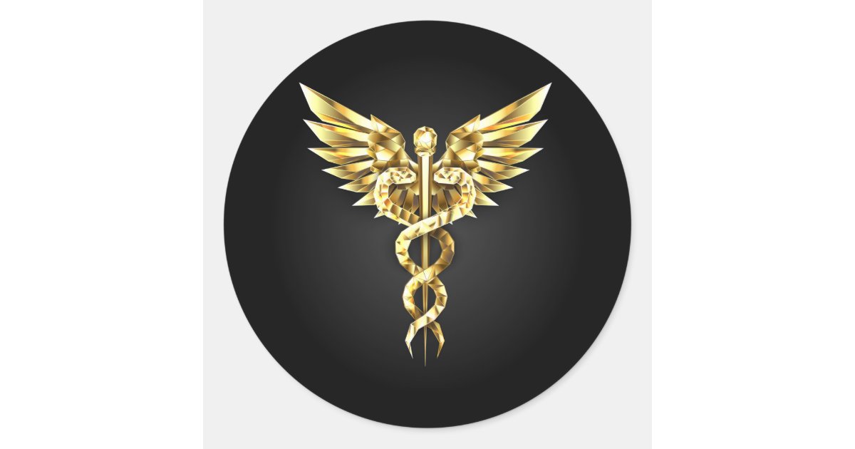 Gold Polygonal Symbol Caduceus Classic Round Sticker | Zazzle