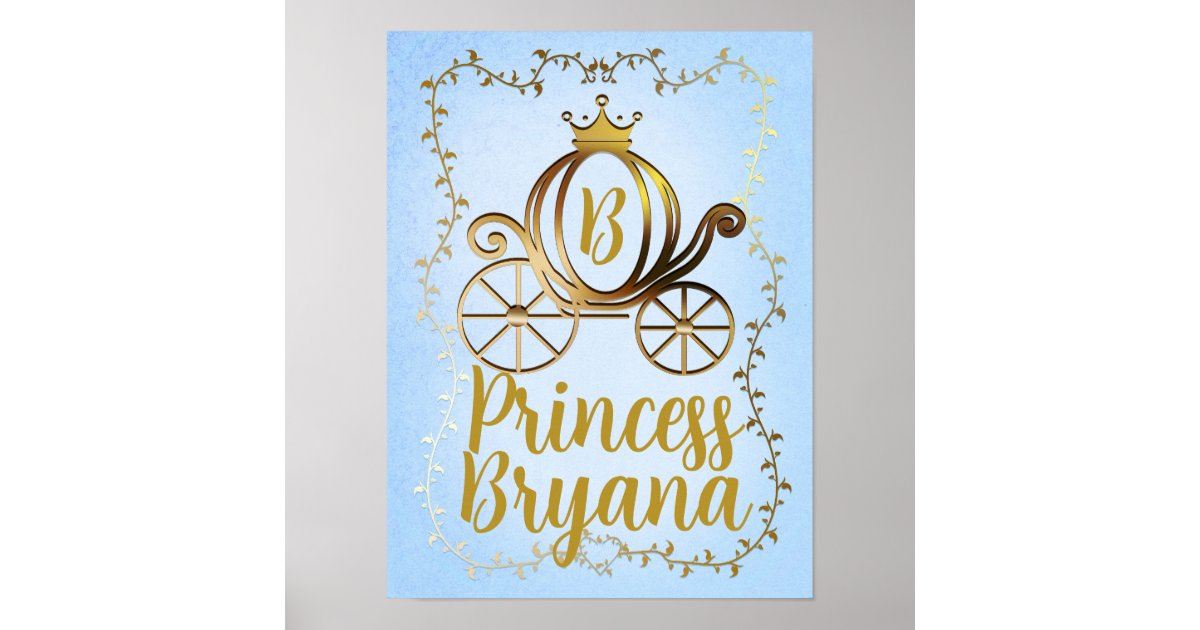 Gold Princess Carriage Blue Storybook Personalized Poster | Zazzle