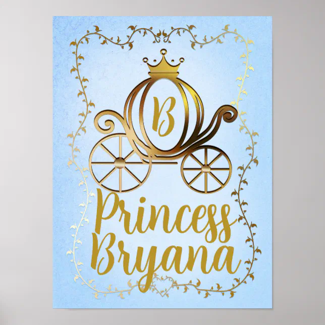 Gold Princess Carriage Blue Storybook Personalized Poster | Zazzle