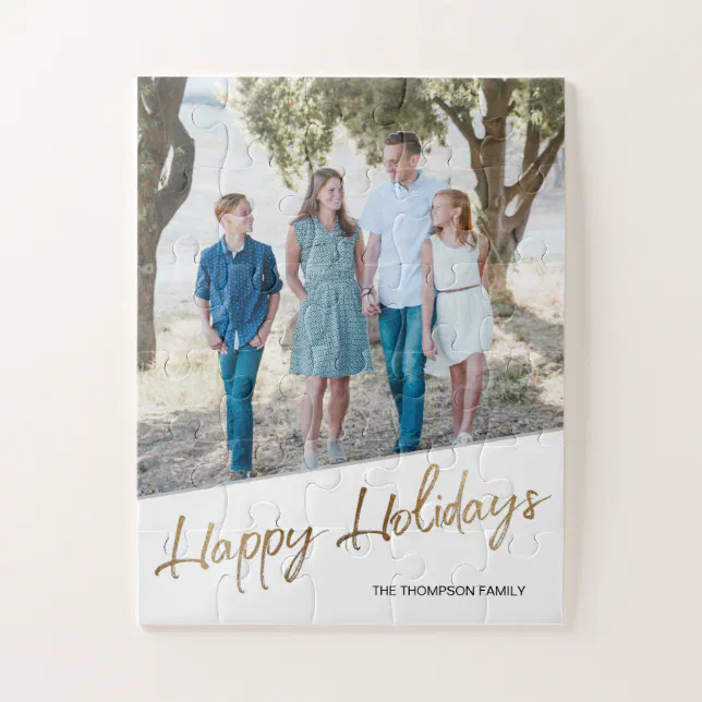 Gold Print Happy Holidays Family photo Jigsaw Puzzle | Zazzle