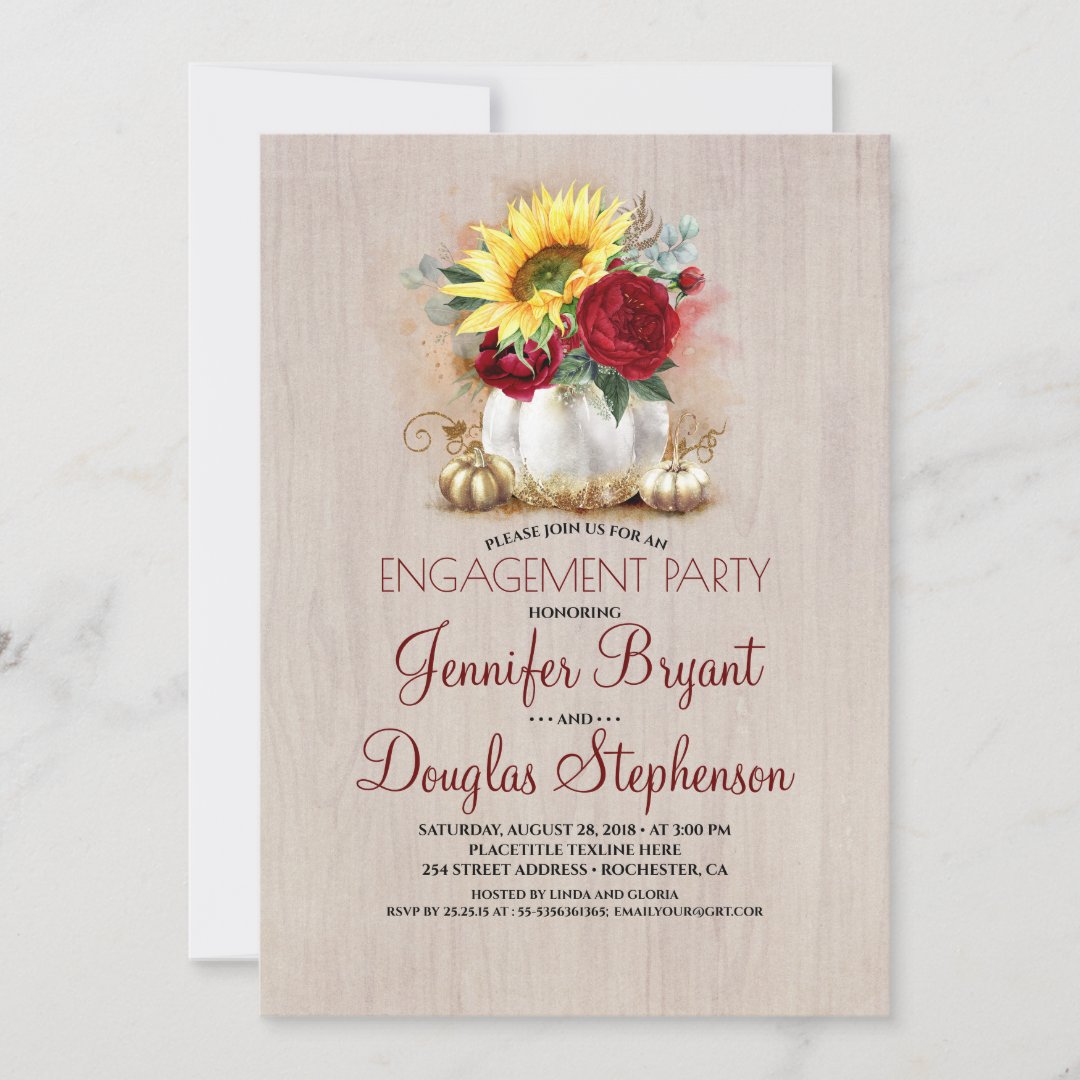 Gold Pumpkin Floral Rustic Fall Engagement Party Invitation | Zazzle