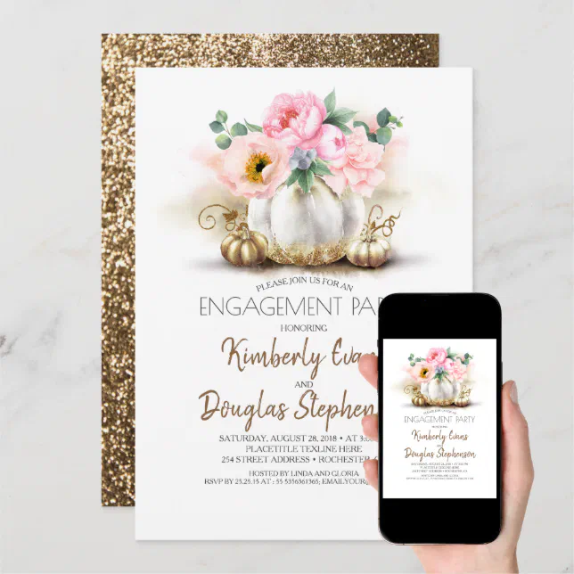 Gold Pumpkin Pink Floral Fall Engagement Party Invitation | Zazzle