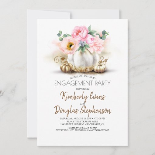 Gold Pumpkin Pink Floral Fall Engagement Party Invitation | Zazzle