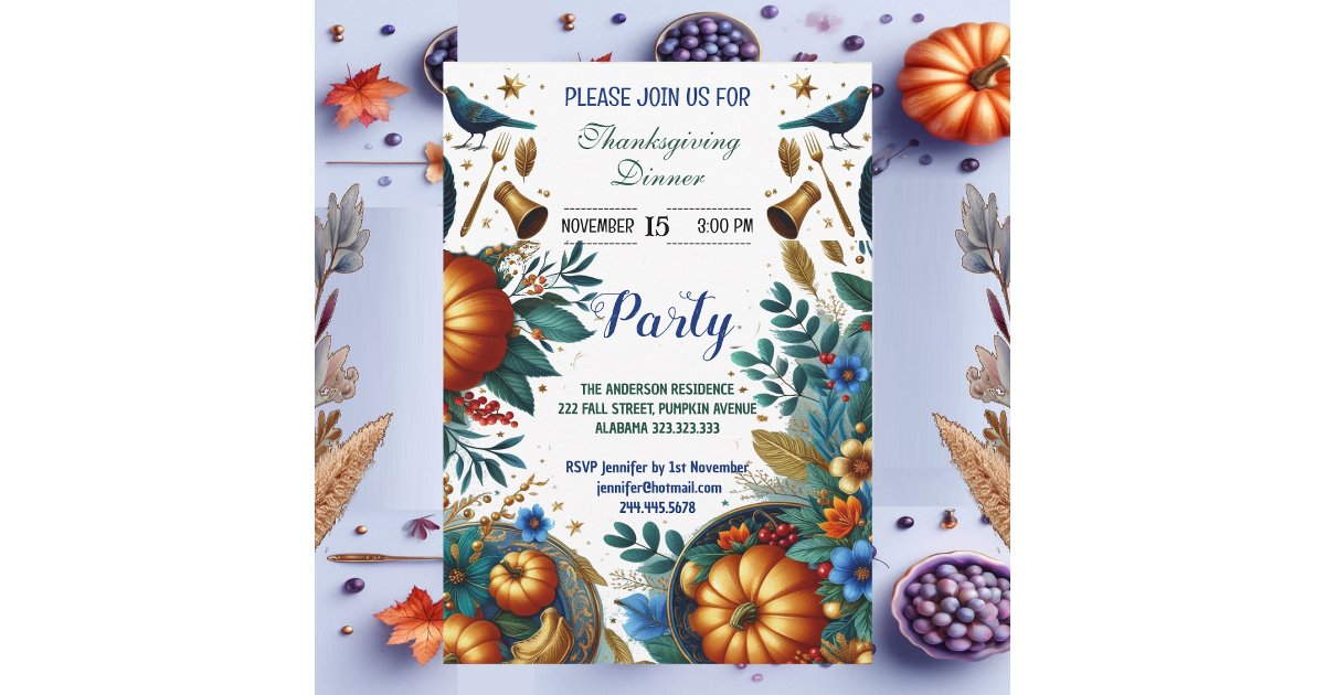 Gold Pumpkins Botanical Thanksgiving Dinner Party Invitation | Zazzle