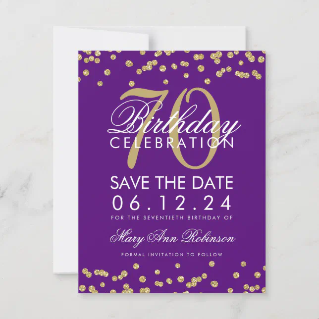 Gold Purple 70th Birthday Save Date Confetti Save The Date | Zazzle