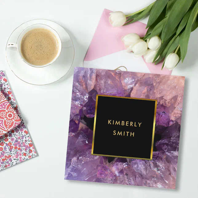 Gold purple amethyst gemstone geode square business card | Zazzle