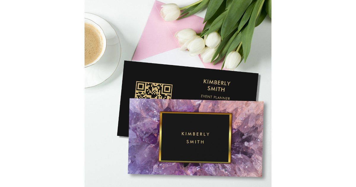 Gold purple amethyst gemstone QR code professional Business Card | Zazzle