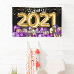 Gold Purple Balloons Graduation Class of 2021 Banner | Zazzle