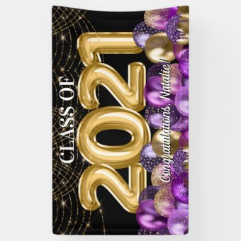 Gold Purple Balloons Graduation Class of 2021 Banner | Zazzle