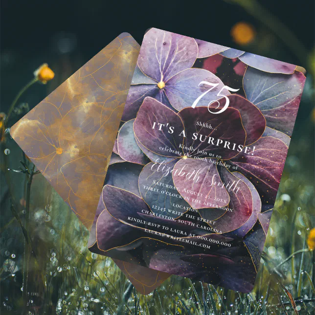 Gold Purple Blue Hydrangea Surprise 75th Birthday Invitation | Zazzle