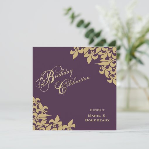 Gold Purple Fleur de Lis Milestone Birthday Party Invitation | Zazzle