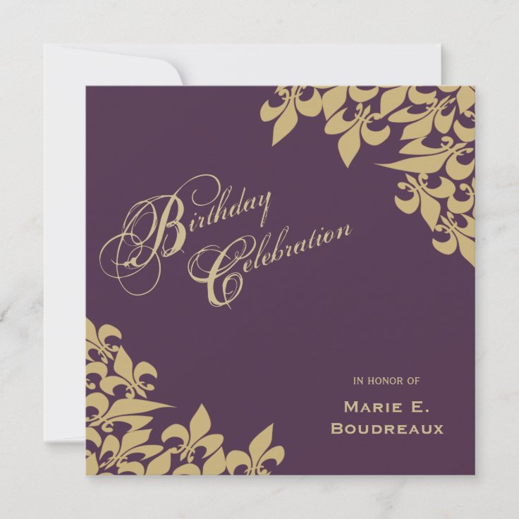 Gold Purple Fleur de Lis Milestone Birthday Party Invitation | Zazzle