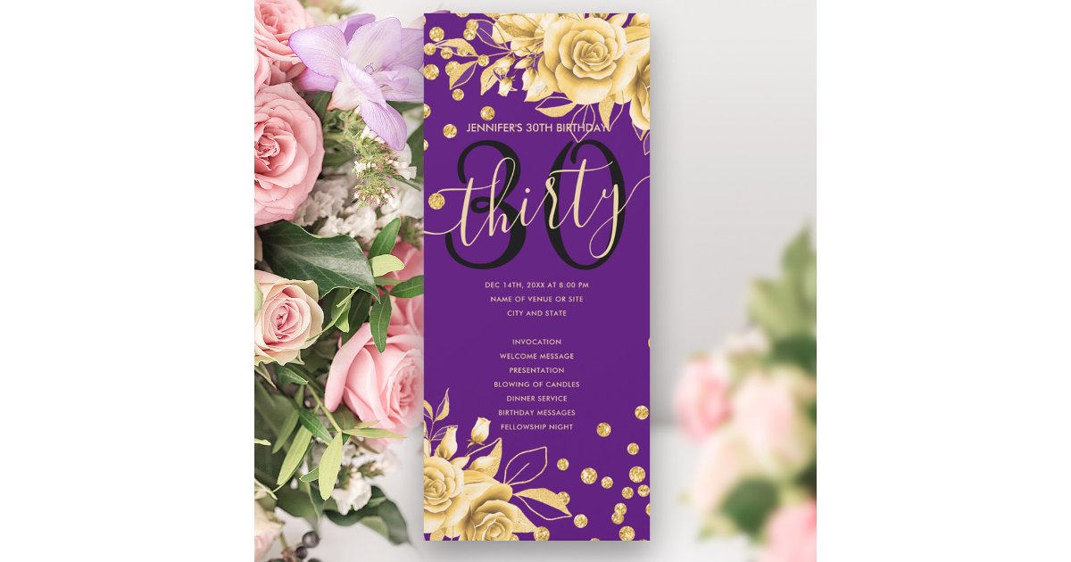 Gold Purple Floral Glitter 30th Birthday Programs | Zazzle