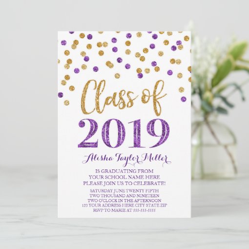 Gold Purple Glitter Confetti Graduation Party 2019 Invitation | Zazzle