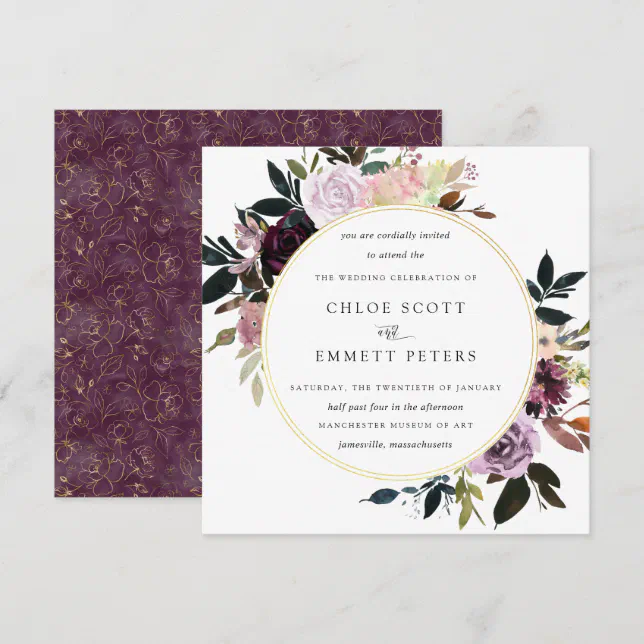 Gold Purple Mauve Pink Floral Wedding Invitation | Zazzle