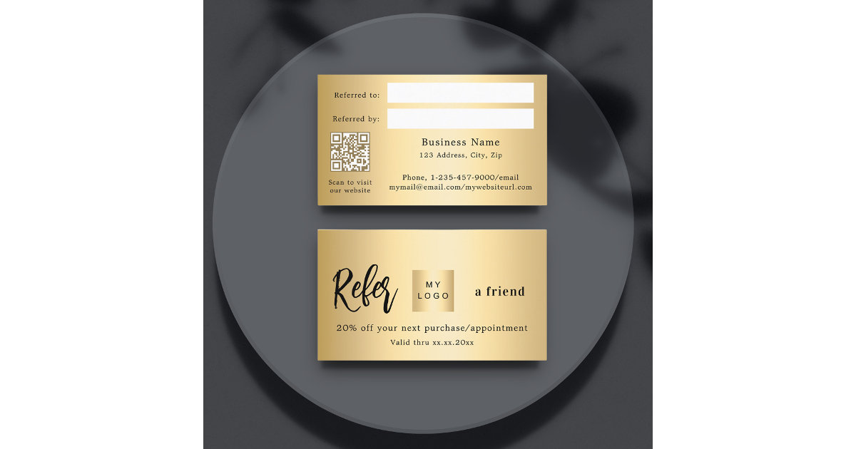 Gold qr code business logo referral card | Zazzle