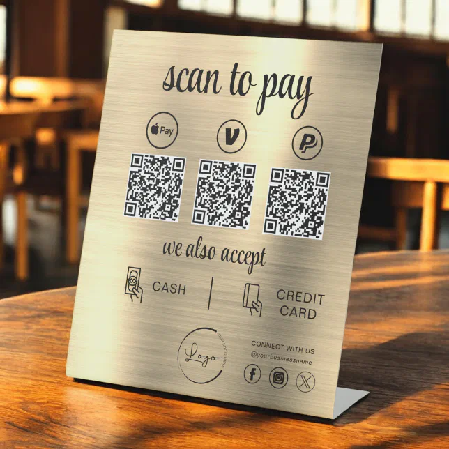 Gold QR Code Payment Scan to Pay Business Logo Pedestal Sign | Zazzle