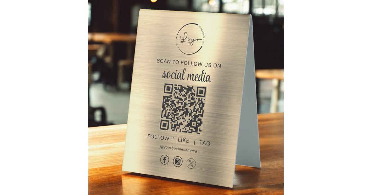 Gold QR Code Scan To Follow Us on Social Network Table Tent | Zazzle