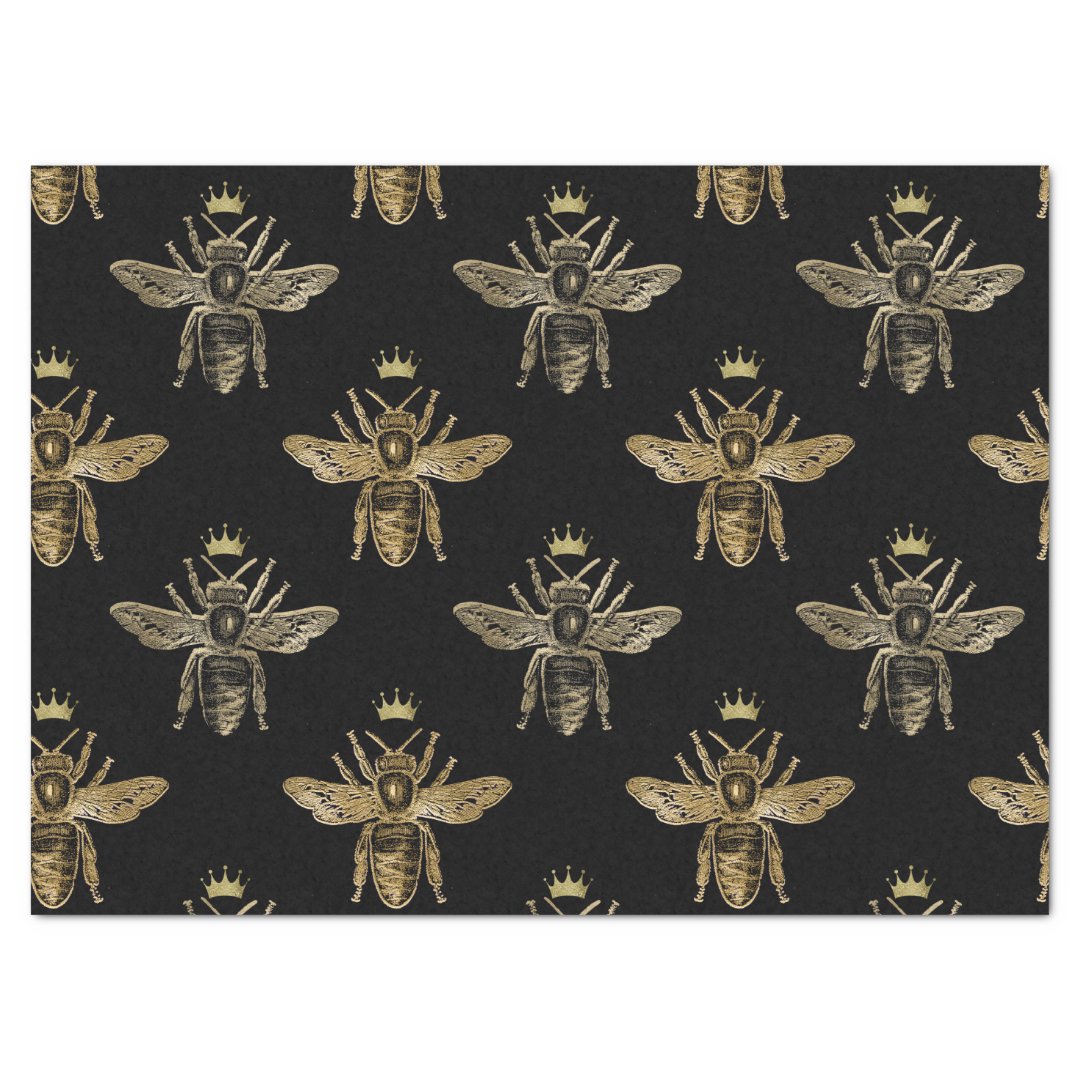 Gold Queen Bees on Black Decoupage Tissue Paper | Zazzle
