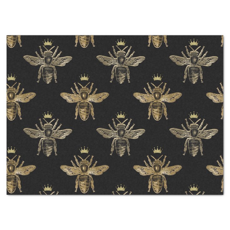 Gold Queen Bees on Black Decoupage Tissue Paper | Zazzle
