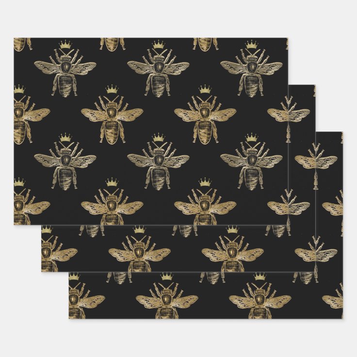 Gold Queen Bees on Black Wrapping Paper Sheets | Zazzle