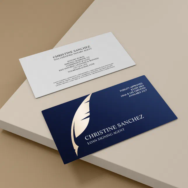 Gold Quill Pen Blue PUBLIC NOTARY SINGNING AGENT Business Card | Zazzle
