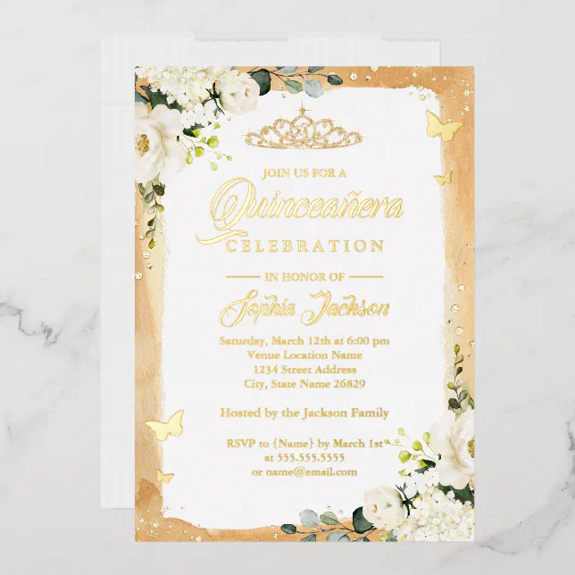 Gold Quinceanera Floral Sparkle Tiara Birthday Foil Invitation | Zazzle