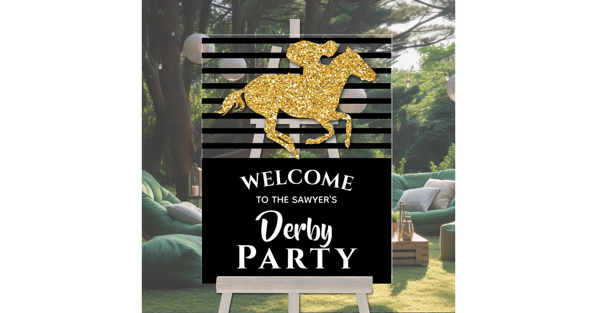Gold Racehorse Black Stripes Derby Welcome Acrylic Sign | Zazzle