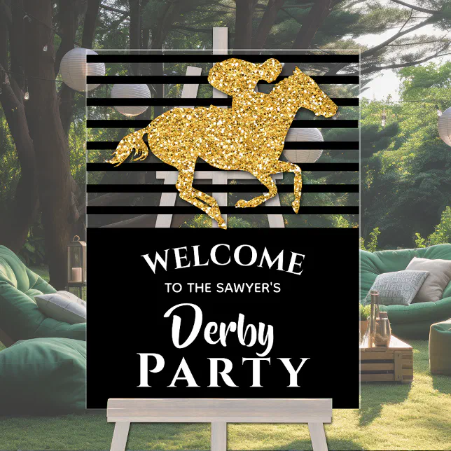 Gold Racehorse Black Stripes Derby Welcome Acrylic Sign | Zazzle