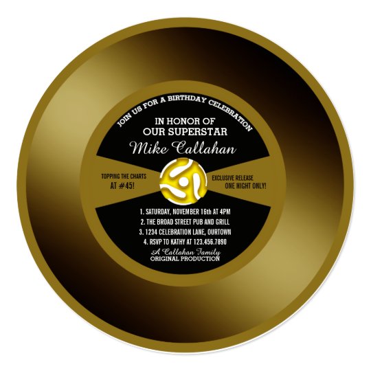 Gold Record Vinyl 45 Birthday Party Invitation | Zazzle.com