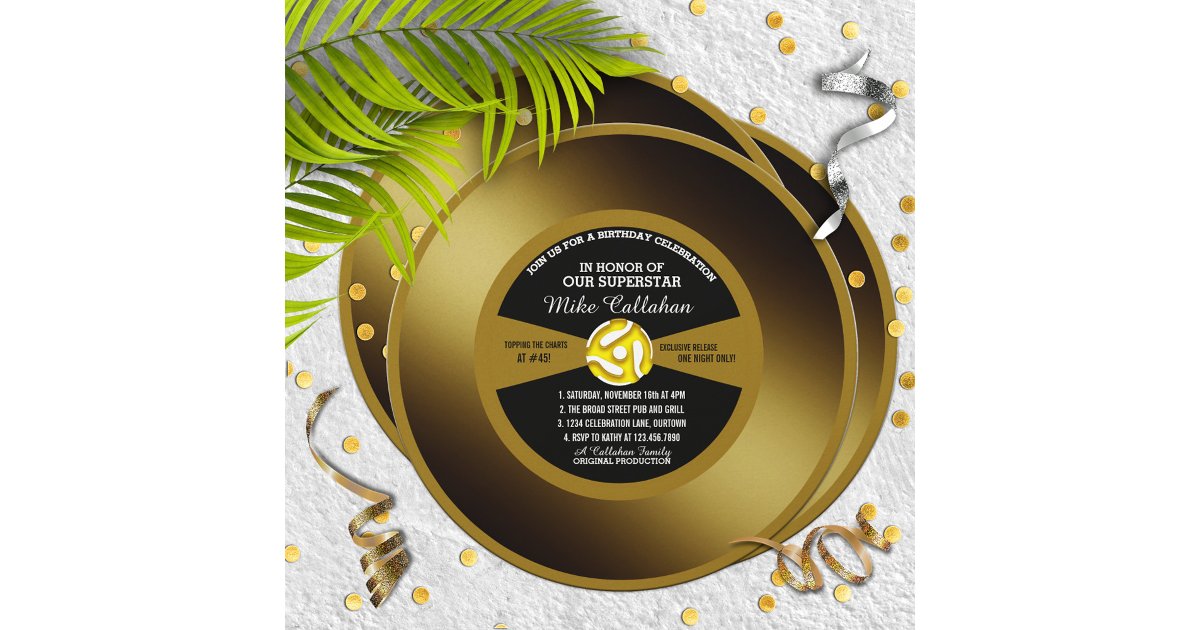 Gold Record Vinyl 45 Birthday Party Invitation | Zazzle