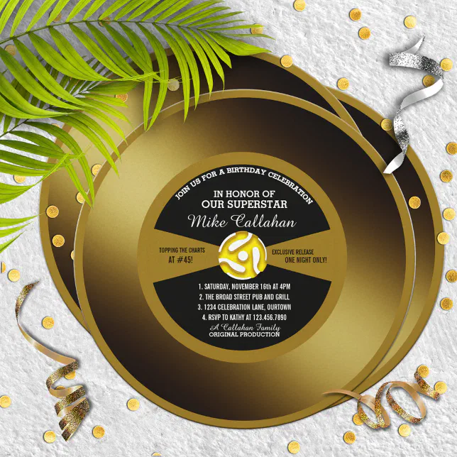 Gold Record Vinyl 45 Birthday Party Invitation | Zazzle