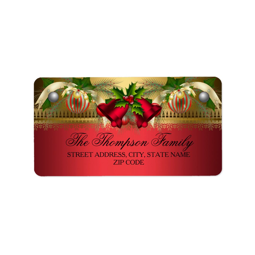 Gold Red bells & Baubles Christmas Address Labels | Zazzle