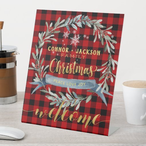 Gold & Red Buffalo Plaid Family Christmas Welcome Pedestal Sign | Zazzle