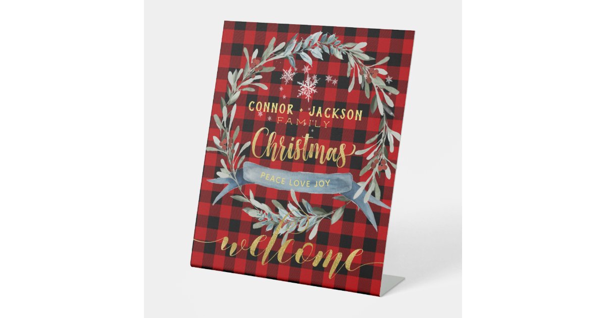 Gold & Red Buffalo Plaid Family Christmas Welcome Pedestal Sign | Zazzle