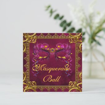Gold Red Burgundy Maroon Mask Masquerade Ball Invitation | Zazzle