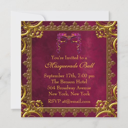 Gold Red Burgundy Maroon Mask Masquerade Ball Invitation | Zazzle