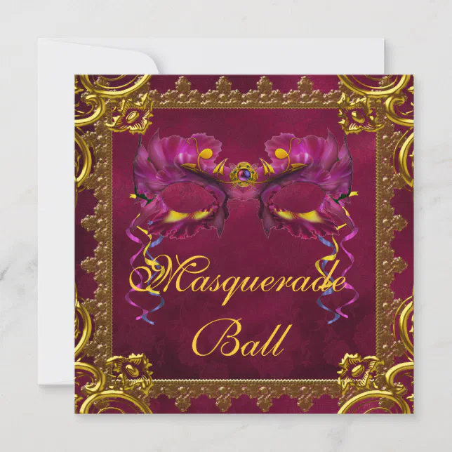 Gold Red Burgundy Maroon Mask Masquerade Ball Invitation | Zazzle