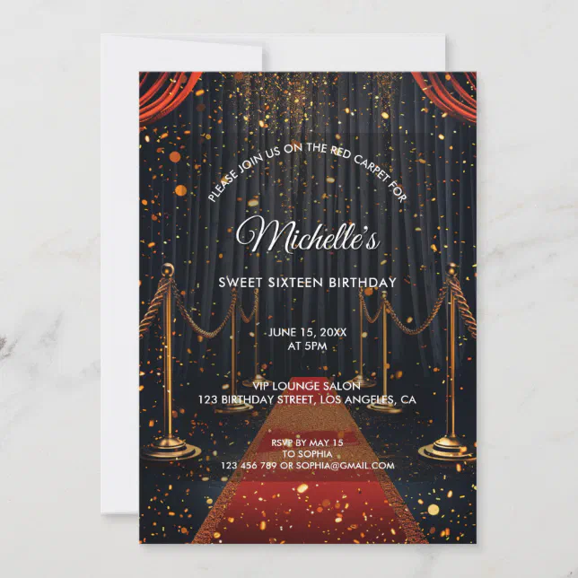 Gold Red Carpet Sweet Sixteen Movie Birthday Party Invitation | Zazzle