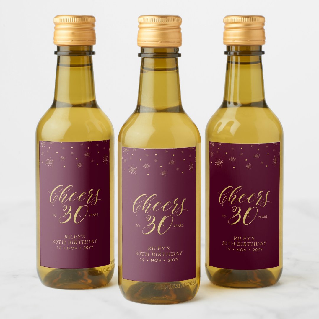 Gold & Red Cheers 30 years, 30th Birthday Party Wine Label | Zazzle