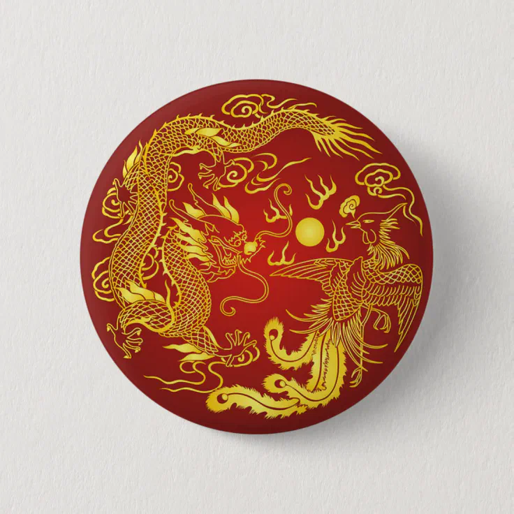 Gold Red Dragon Phoenix Chinese Wedding Favor Button | Zazzle