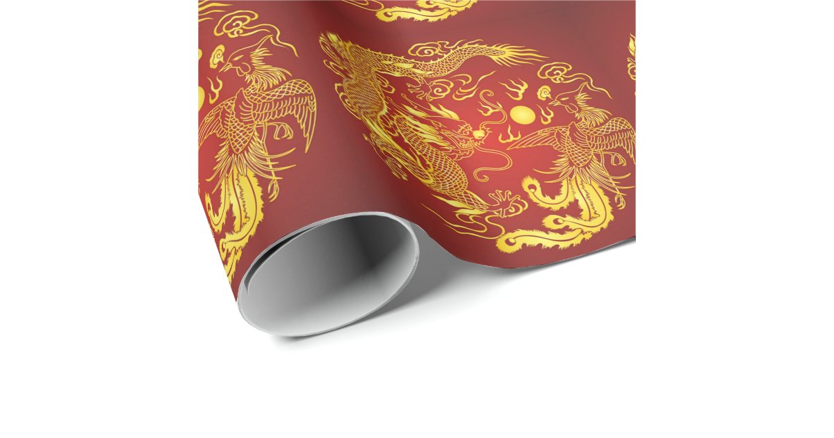Gold Red Dragon Phoenix Chinese Wedding Favor Wrapping Paper | Zazzle
