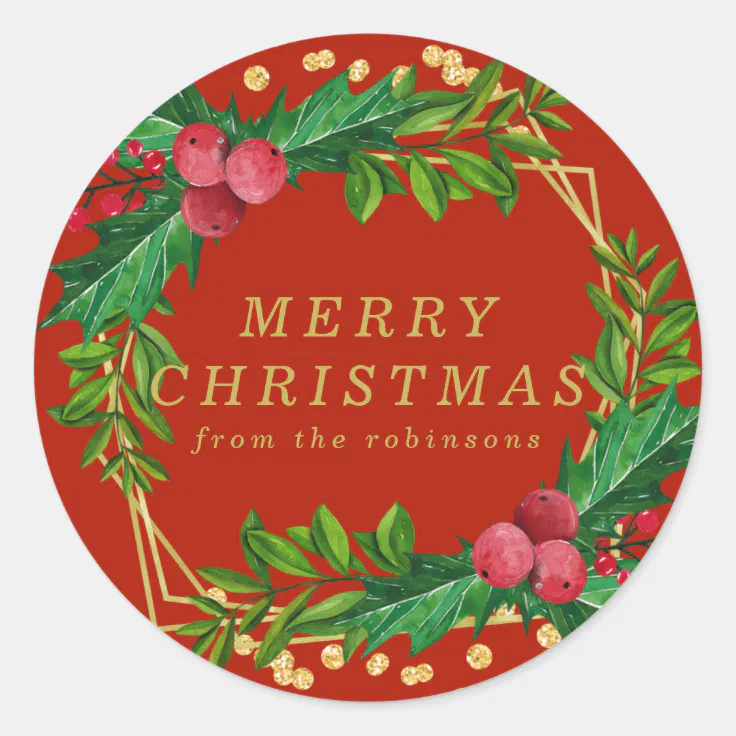 Gold Red Family Merry Christmas Holly Glitter Classic Round Sticker ...